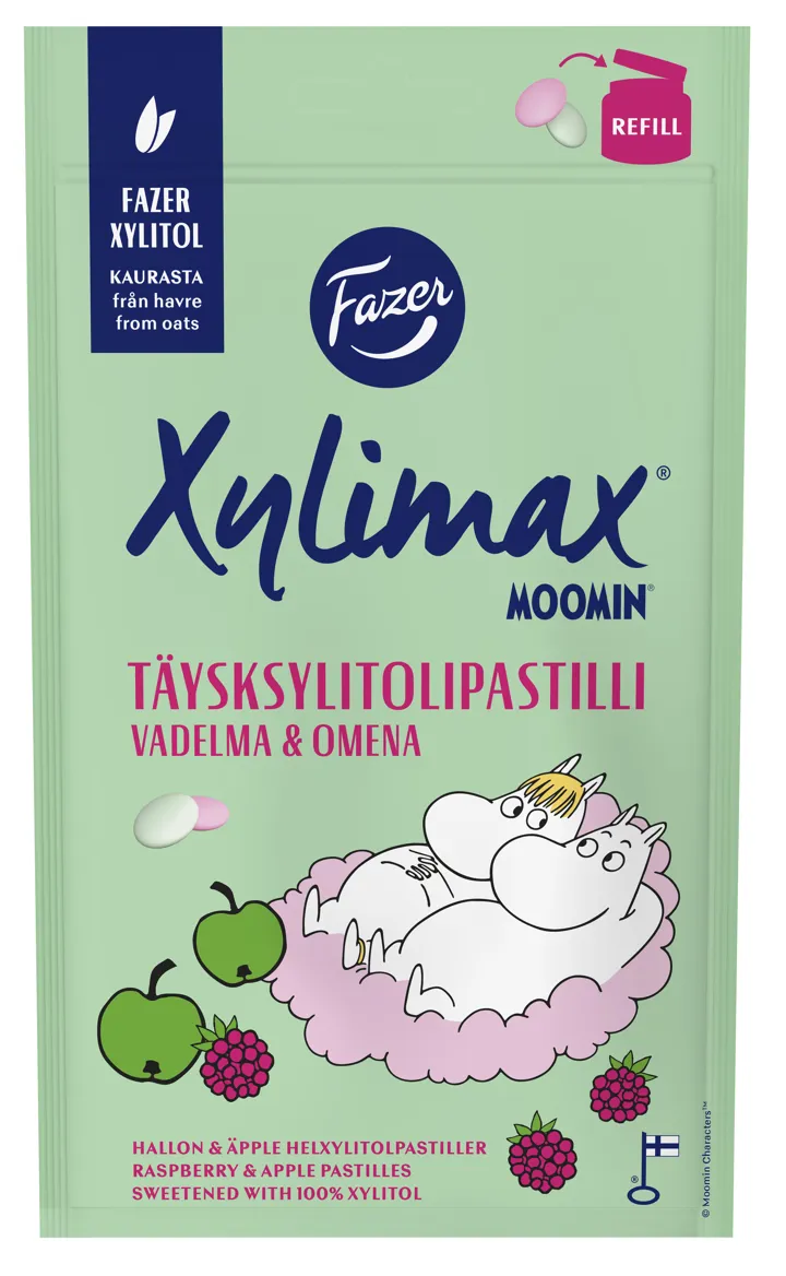 Xylimax Moomin vadelma ja omena täysksylitolipastillit 85g - Fazer.fi