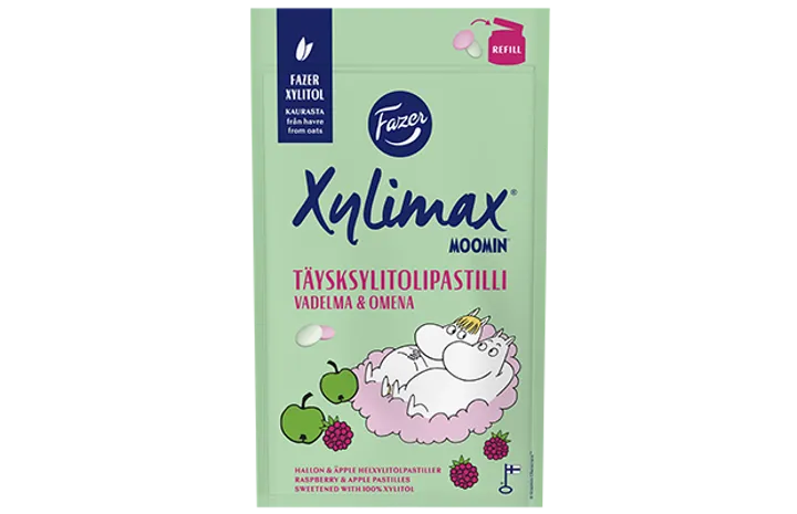 Xylimax Moomin vadelma ja omena täysksylitolipastillit 85g - Fazer.fi